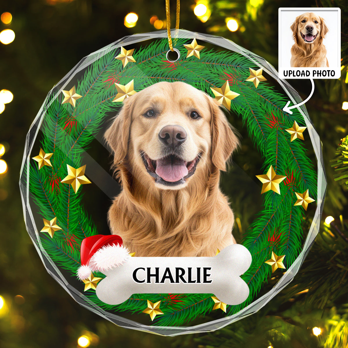 Custom Pet Photo Christmas Wreath Ring - Personalized Glass Ornament ...