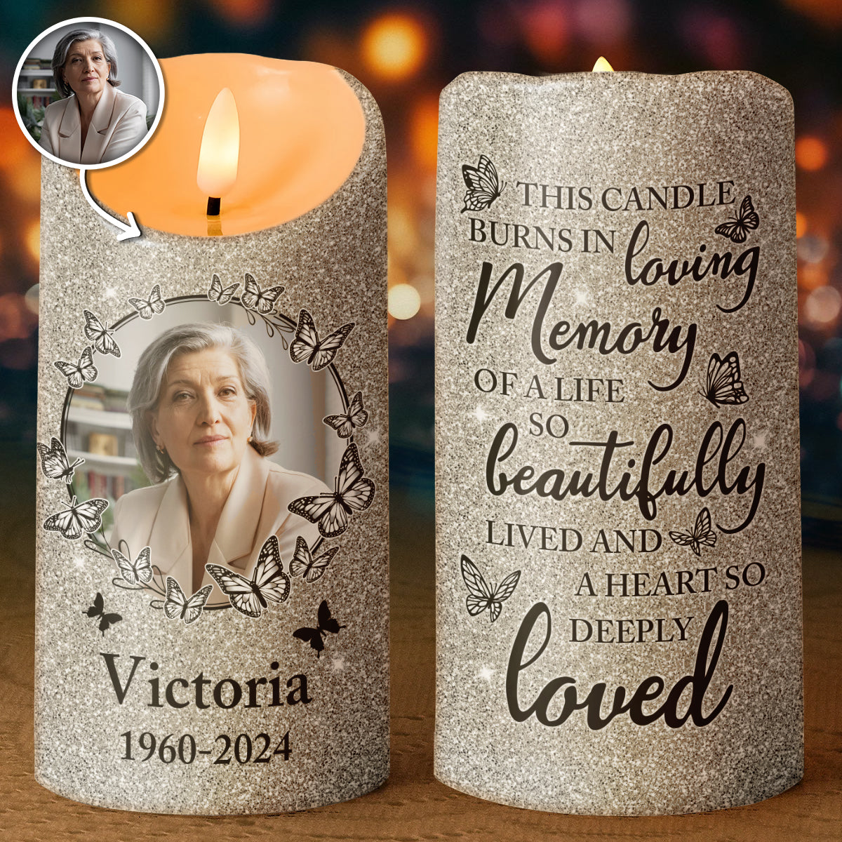 Custom Photo Glitter And Butterflies Candle LED - Personalized Candle ...