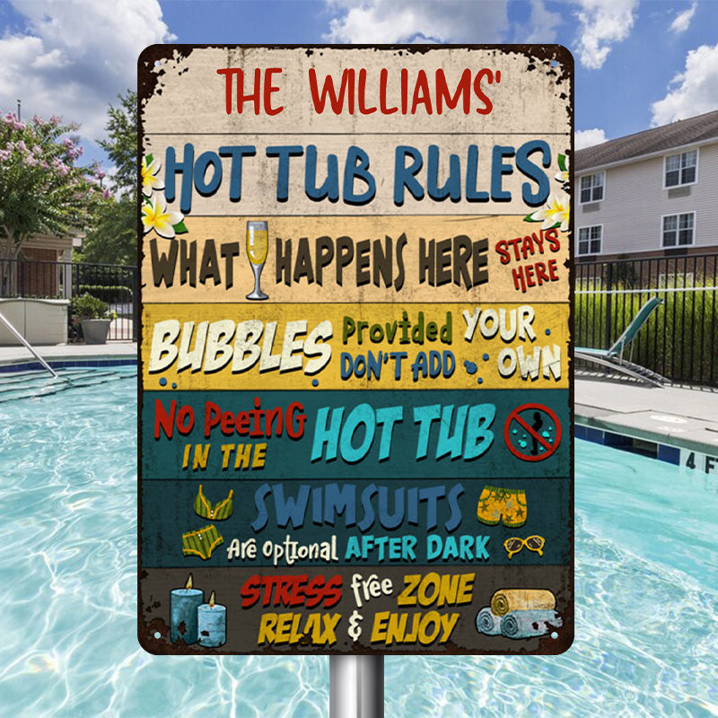 Hot Tub Rules What Happens Here Custom Classic Metal Signs, Funny Hot ...