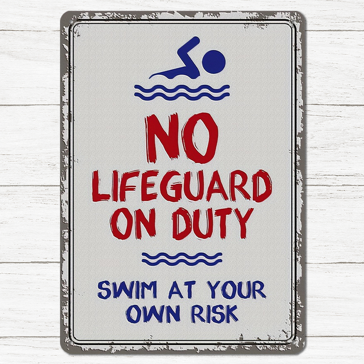 Swimming Pool Warning Sign Swim At Your Own Risk Metal Sign Poolside S ...
