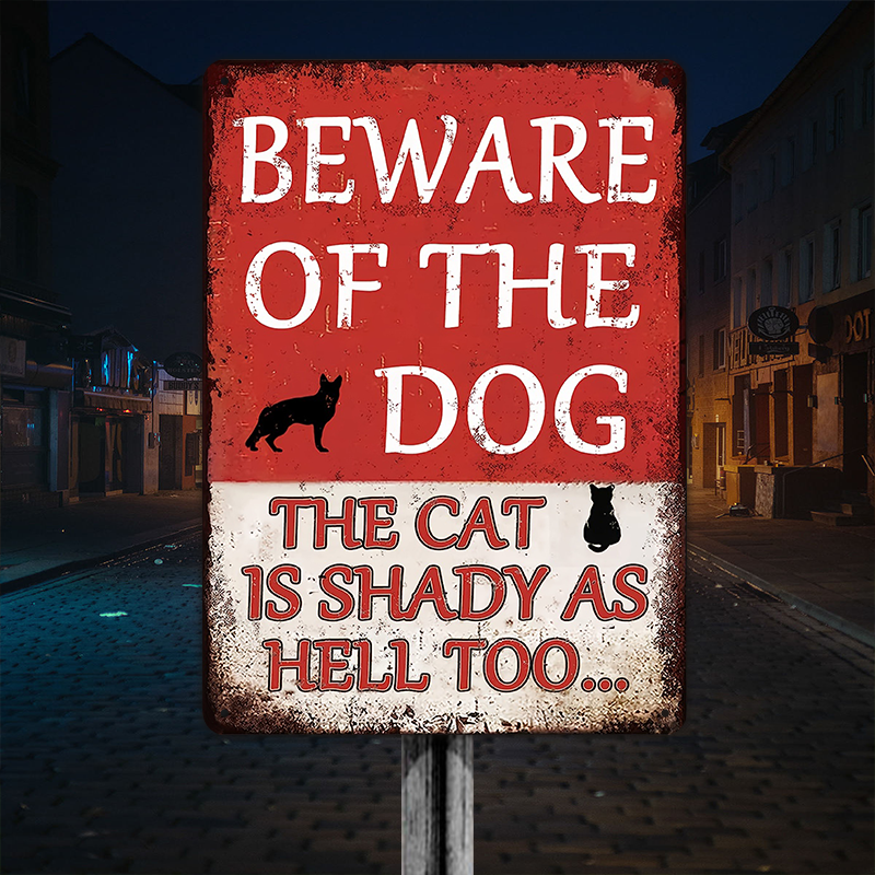 Funny Beware of Dog and Shady Cat - Funny Decor Vintage Metal Sign ...