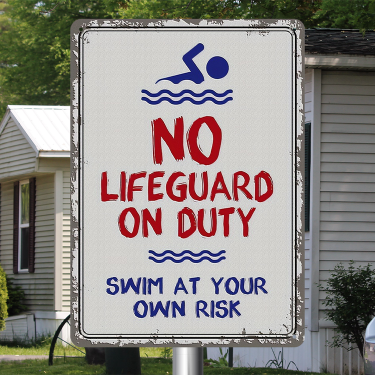 Swimming Pool Warning Sign Swim At Your Own Risk Metal Sign Poolside S ...