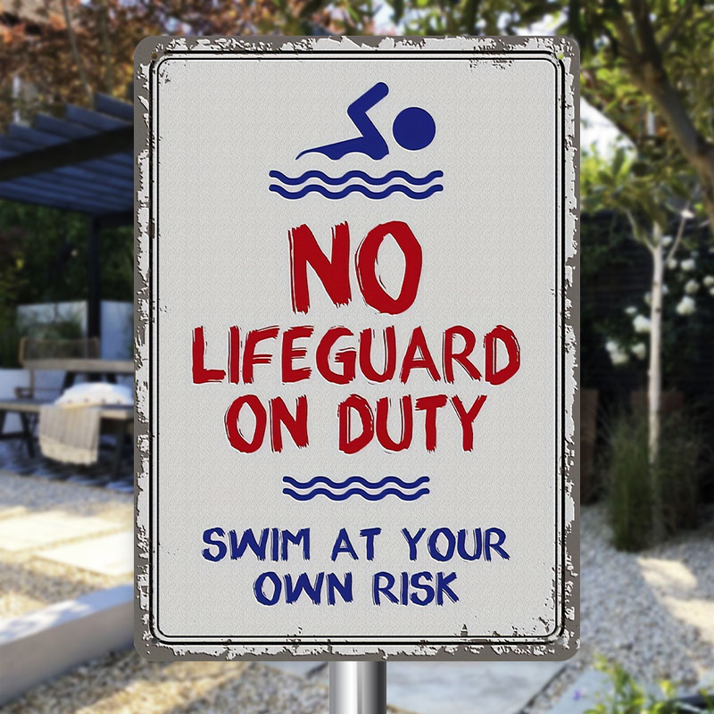 Swimming Pool Warning Sign Swim At Your Own Risk Metal Sign Poolside S ...